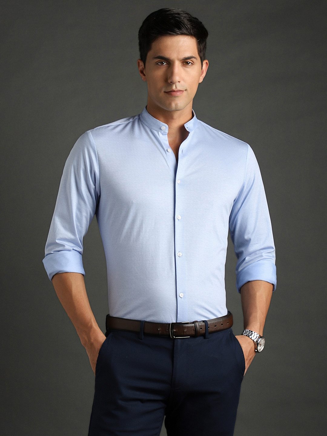 Buy Bergamo Slim Fit Mandarin Collar Pure Cotton Knitted Formal Shirt ...