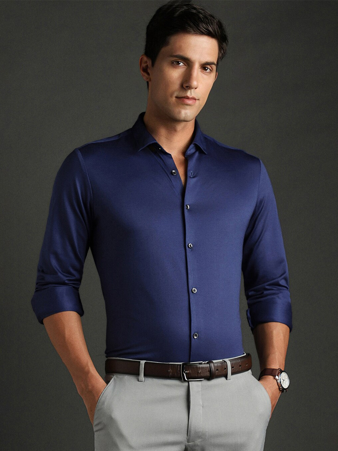 Buy Bergamo Slim Fit Spread Collar Knitted Formal Shirt - Shirts for ...