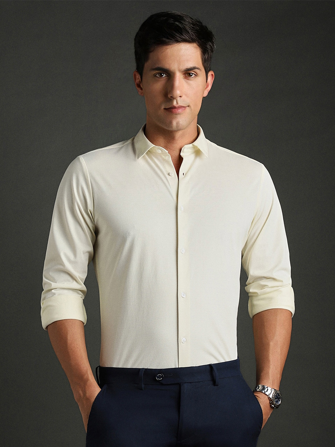 Buy Bergamo Slim Fit Textured Pure Cotton Knitted Formal Shirt - Shirts ...