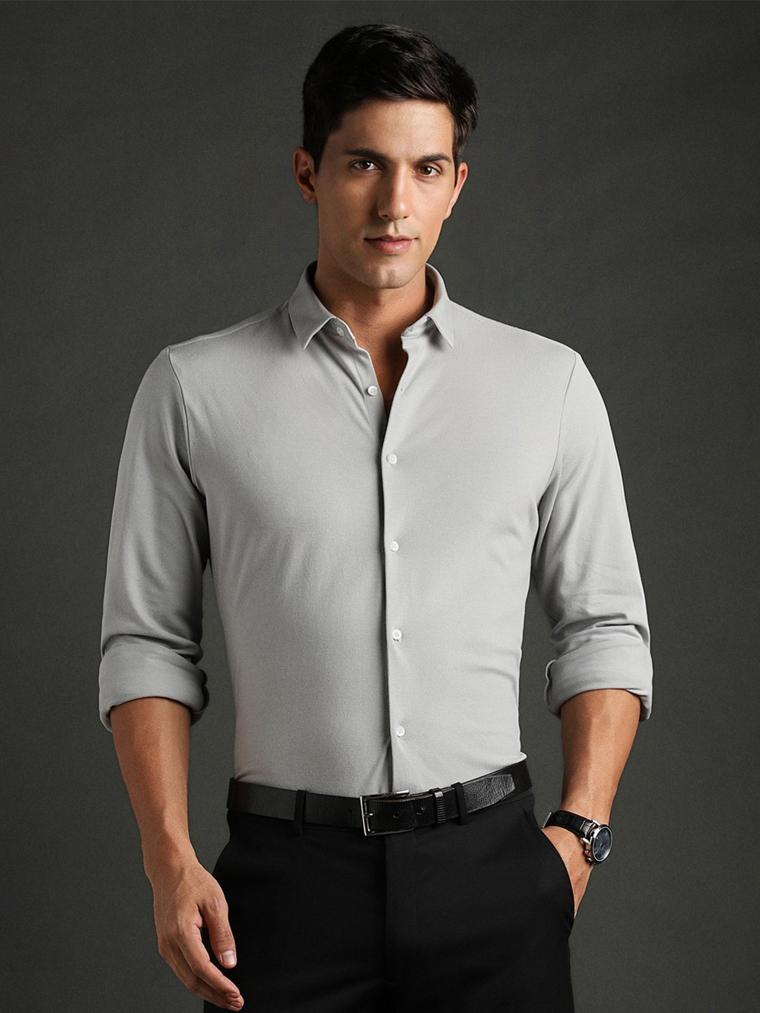 Buy Bergamo Slim Fit Spread Collar Knitted Pure Cotton Formal Shirt ...