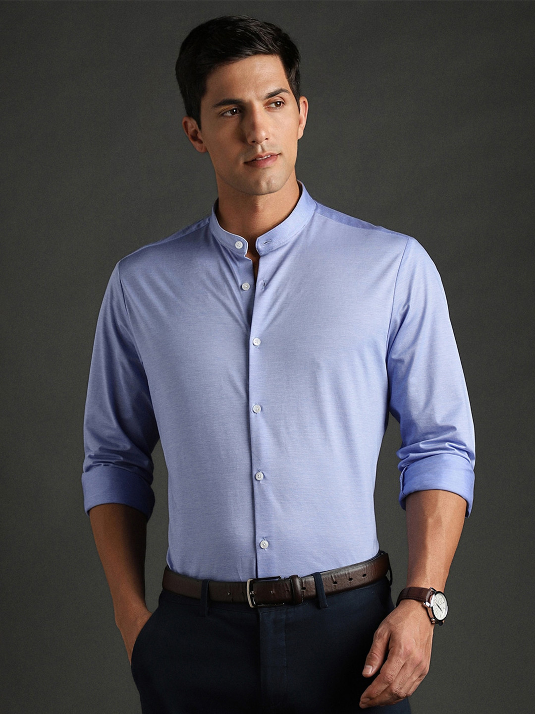 Buy Bergamo Slim Fit Band Collar Knitted Pure Cotton Formal Shirt ...