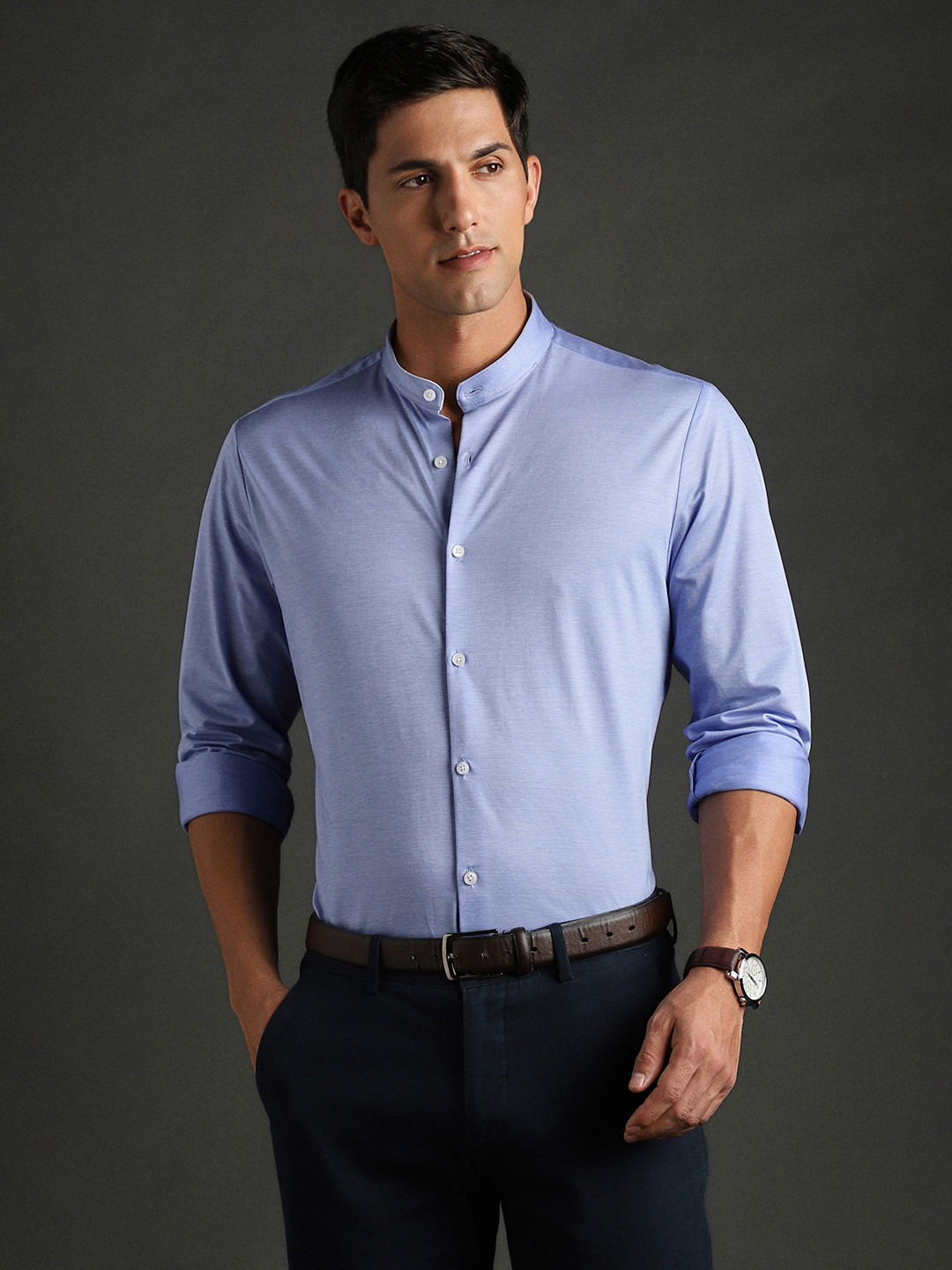 Buy Bergamo Slim Fit Band Collar Knitted Pure Cotton Formal Shirt ...