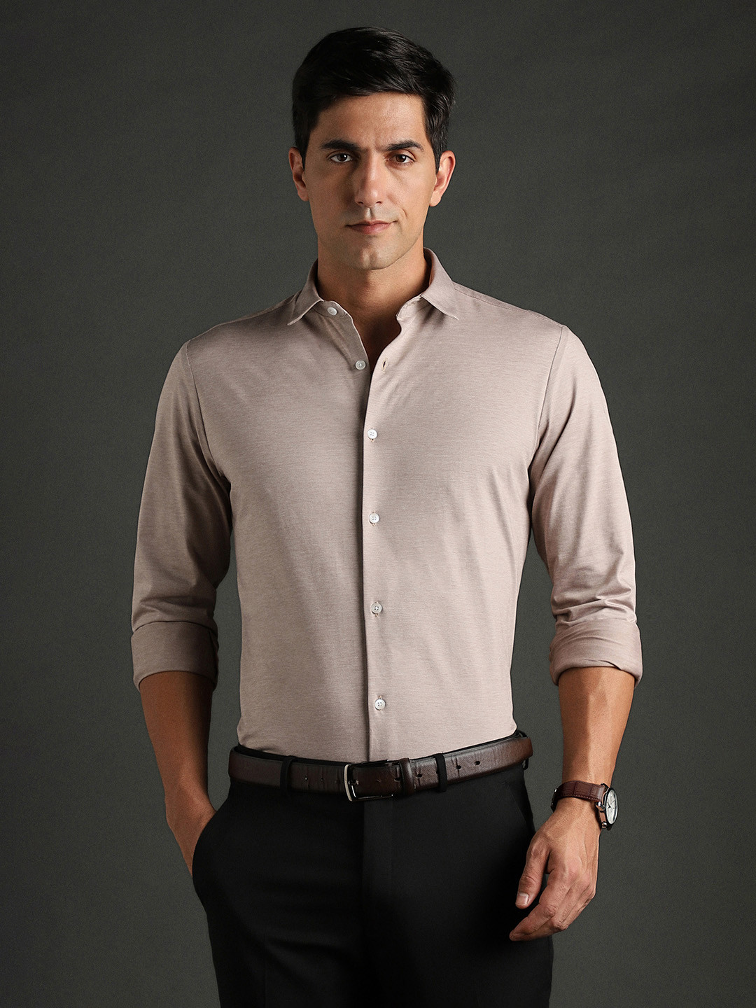 Buy Bergamo Slim Fit Spread Collar Pure Cotton Pure Cotton Knitted ...