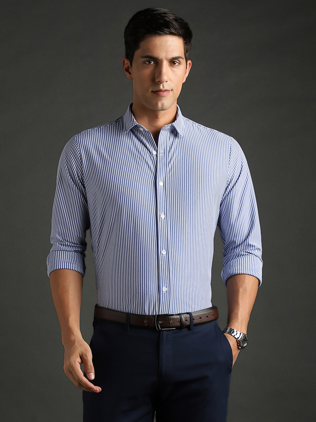 Buy Bergamo Slim Fit Vertical Stripes Knitted Formal Shirt - Shirts for ...