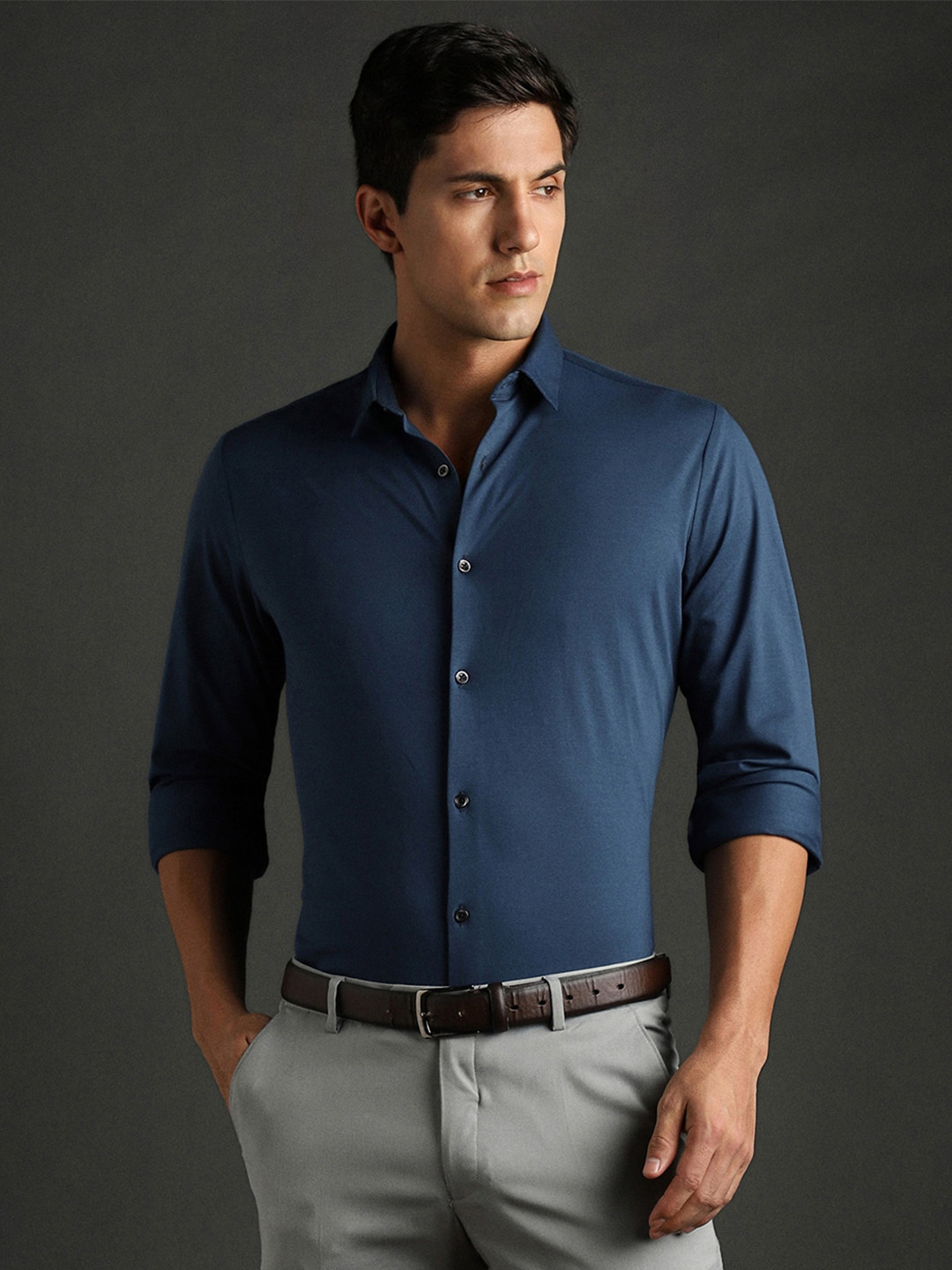 Buy Bergamo Slim Fit Spread Collar Knitted Pure Cotton Formal Shirt ...