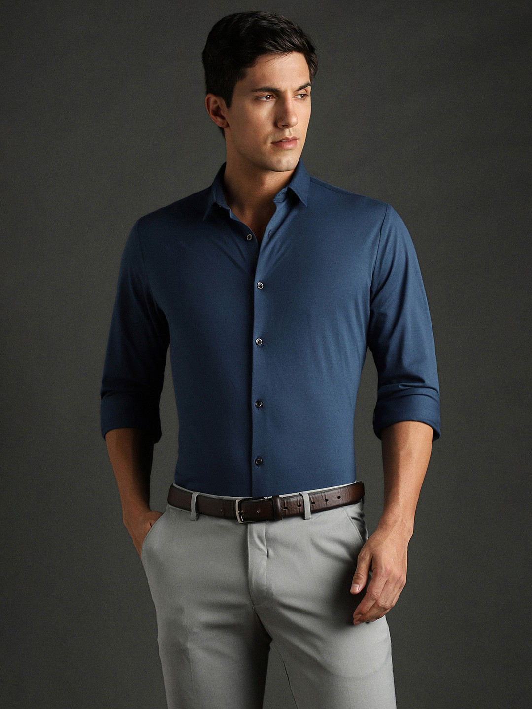 Buy Bergamo Slim Fit Spread Collar Knitted Pure Cotton Formal Shirt ...