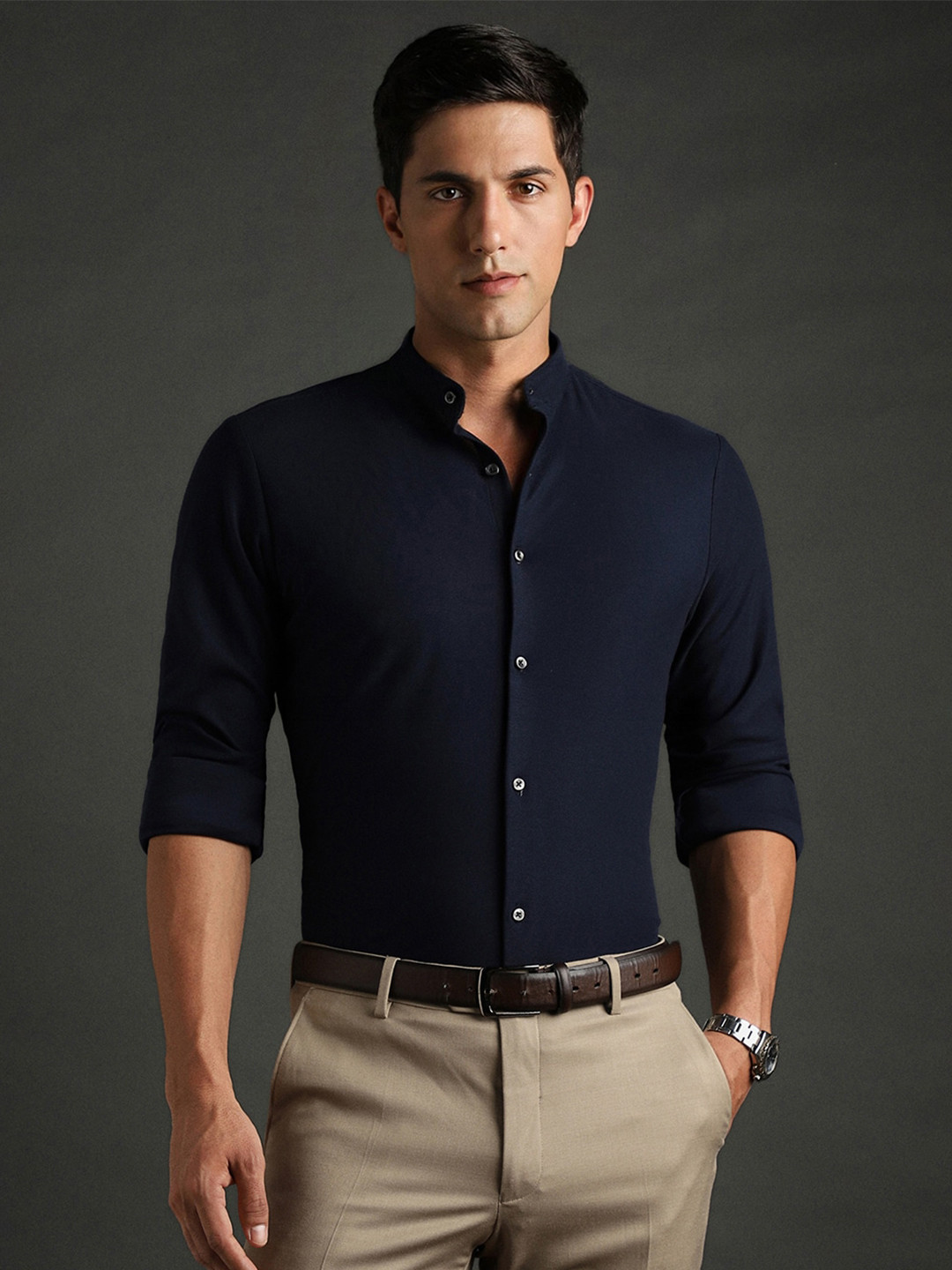 Buy Bergamo Slim Fit Spread Collar Pure Cotton Knitted Formal Shirt ...