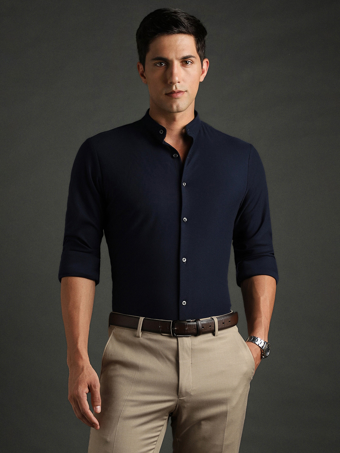 Buy Bergamo Slim Fit Spread Collar Pure Cotton Knitted Formal Shirt ...