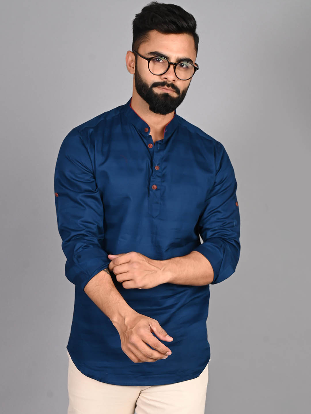 Buy FUBAR Band Collar Roll Up Sleeves Indigo Short Kurta - Kurtas for ...