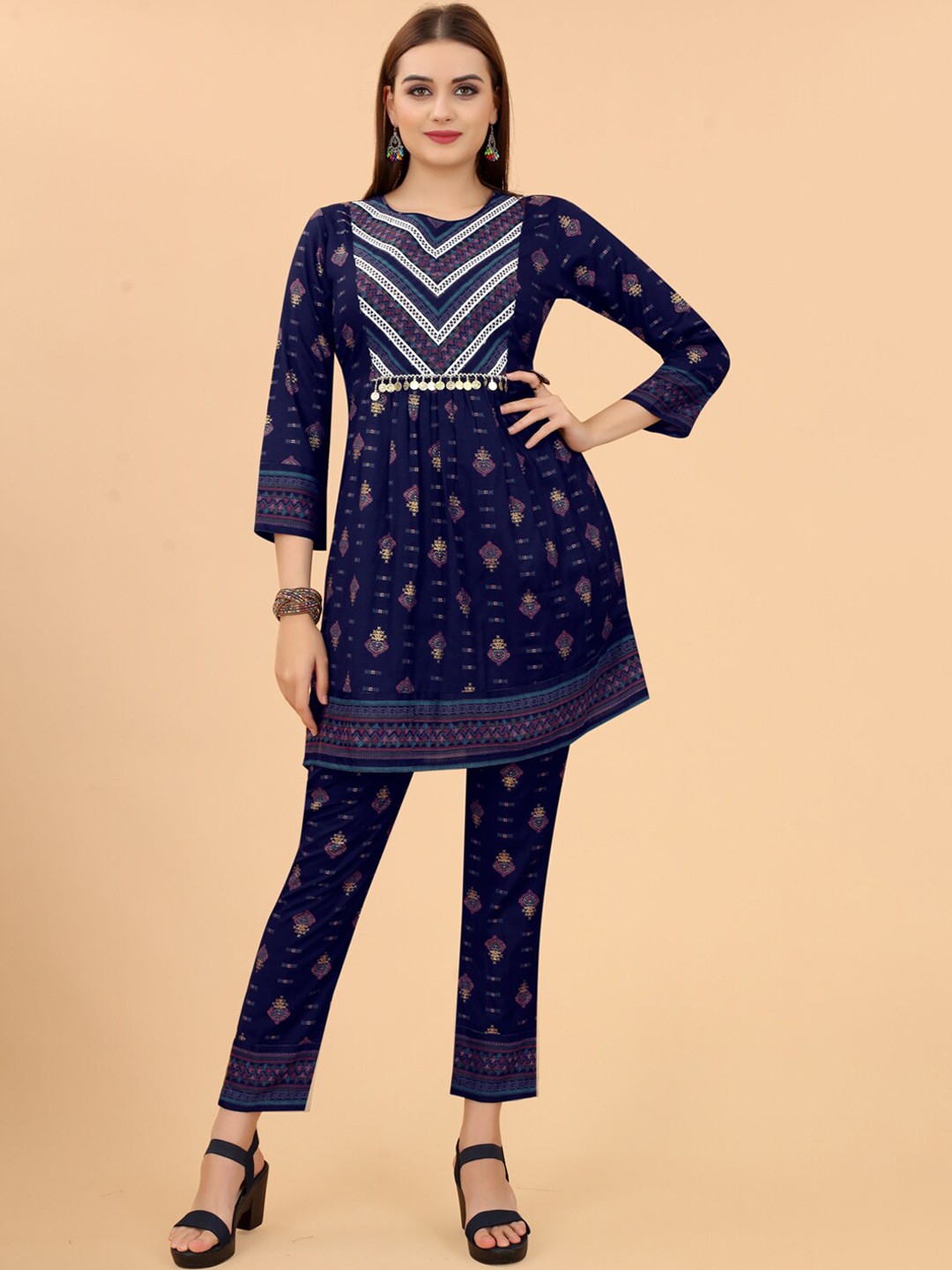 Buy Growish Ethnic Motifs Printed Regular Sequinned Kurta With Trousers