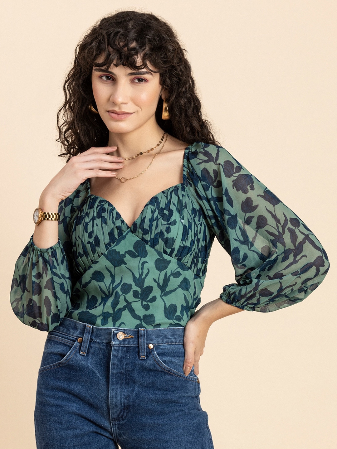 Buy Moomaya Floral Printed Sweetheart Neck Puff Sleeves Smocked