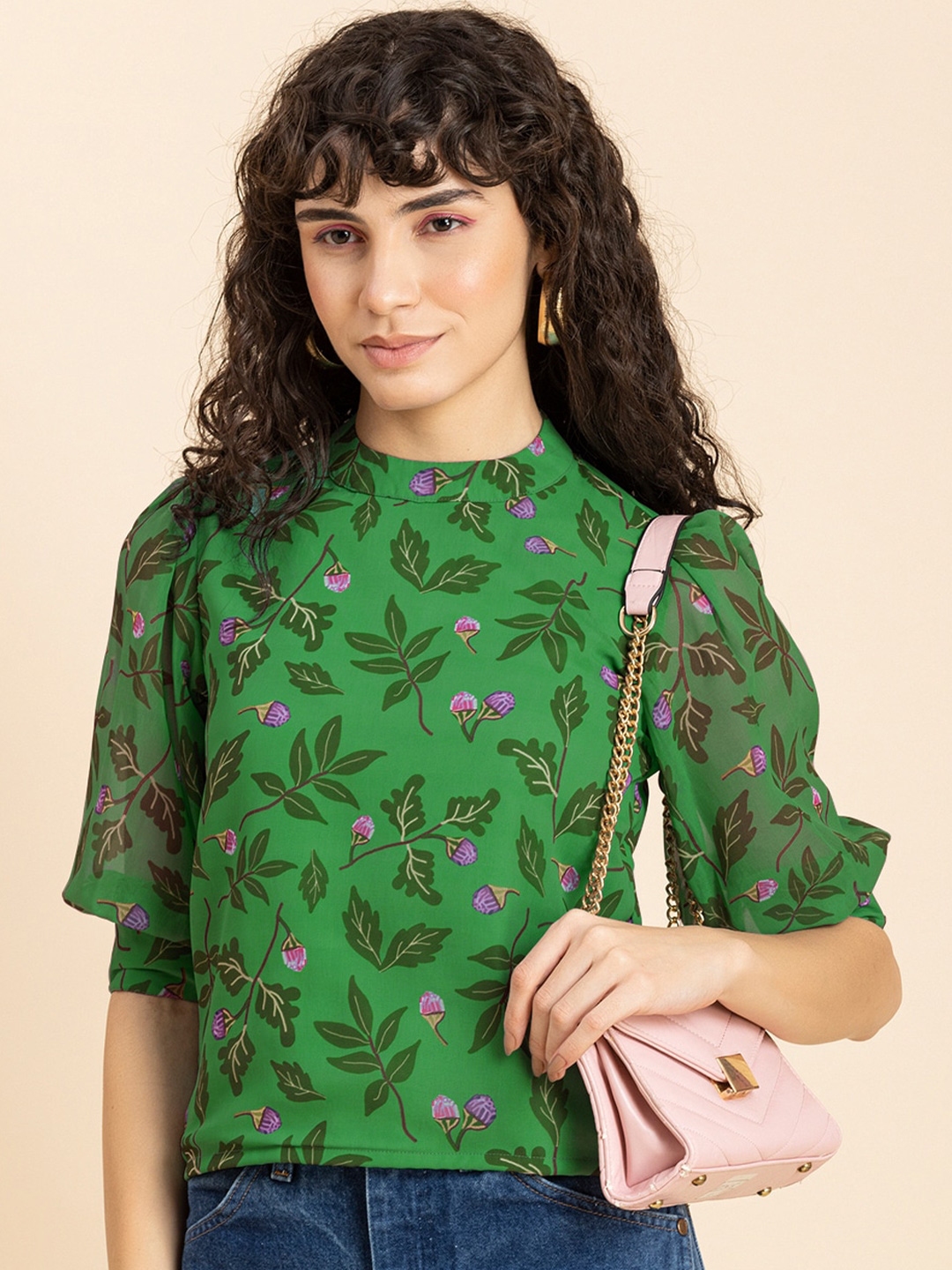 Buy Moomaya Floral Printed High Neck Puff Sleeves Georgette Top Tops