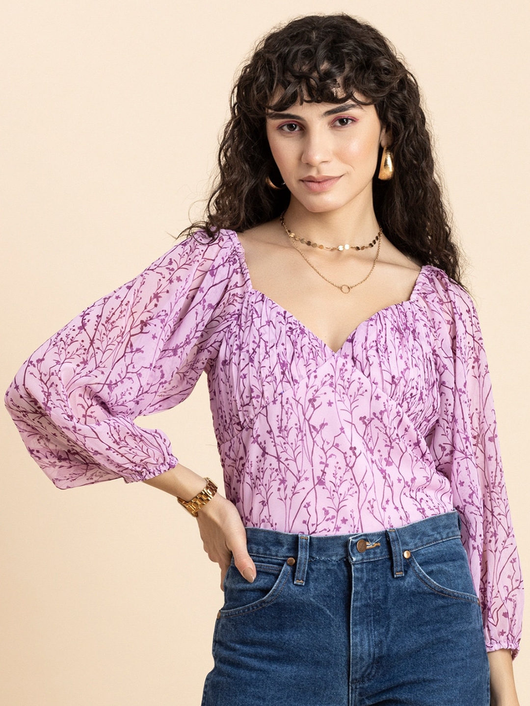 Buy Moomaya Floral Printed Sweetheart Neck Puff Sleeves Smocked Crop