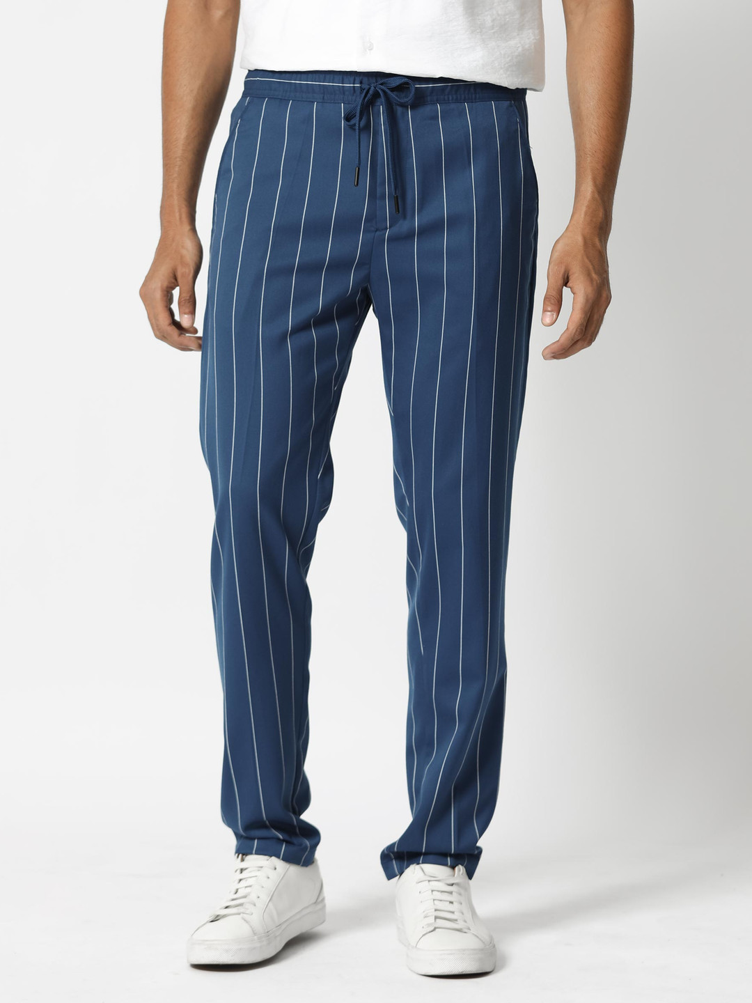 Buy RARE RABBIT Men Pixie Drawstring Striped Slim Fit Mid Rise Trouser ...