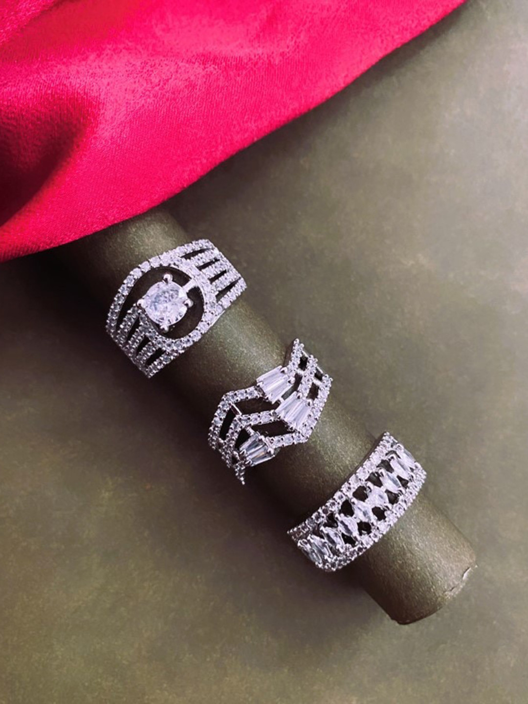 Buy ATIBELLE Set Of 3 Rhodium Plated CZ Studded Layered Finger Rings ...