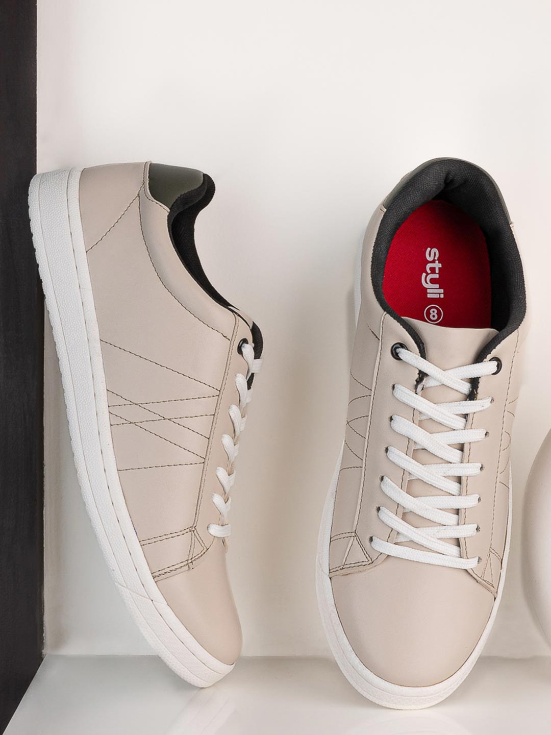 Buy Styli Men Beige Stitched Contrast Tab Detail Low Top Sneakers ...