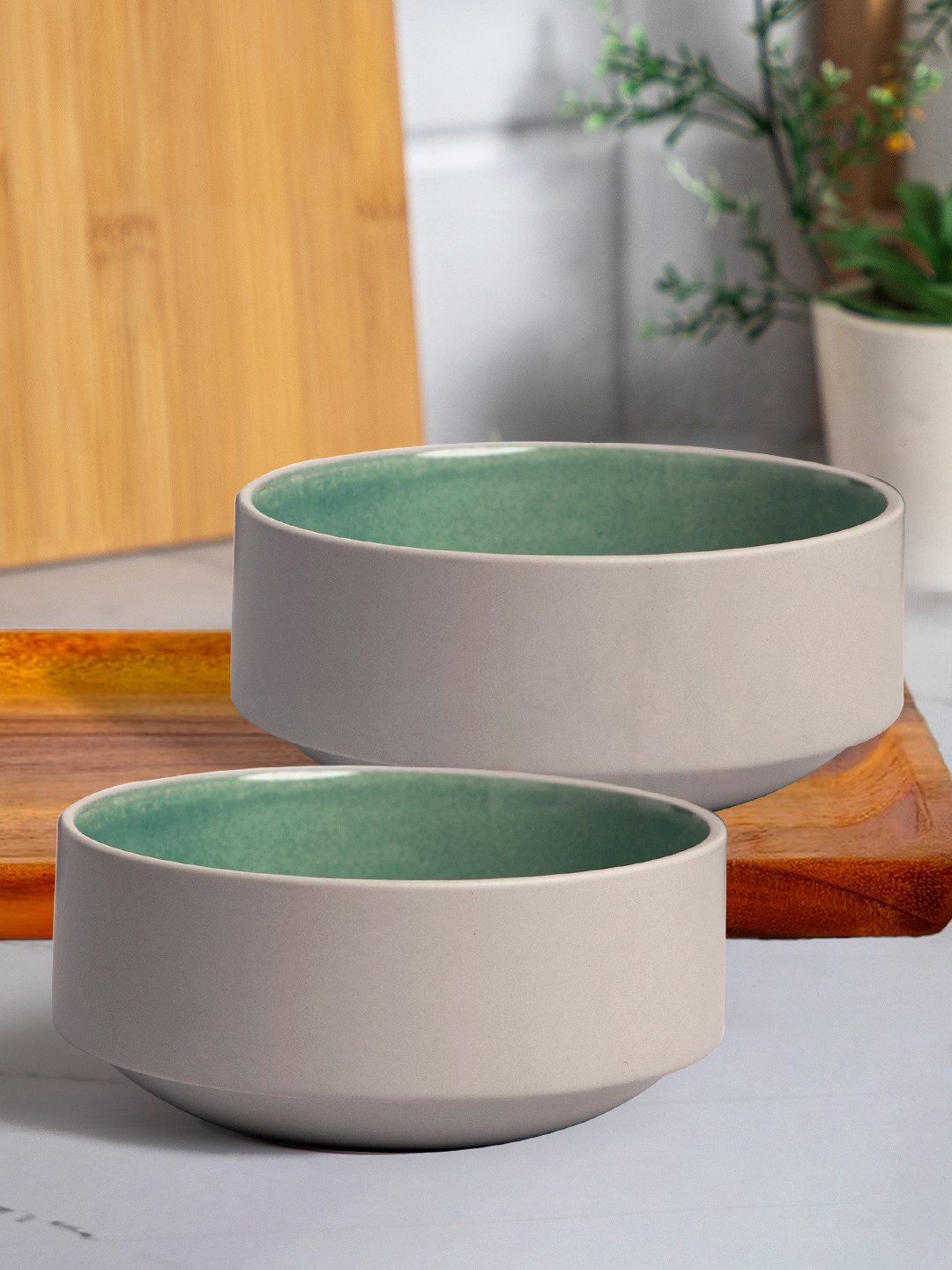 Buy Anko Green & Cream Coloured 2 Pieces Stoneware Glossy Bowls - Bowl ...
