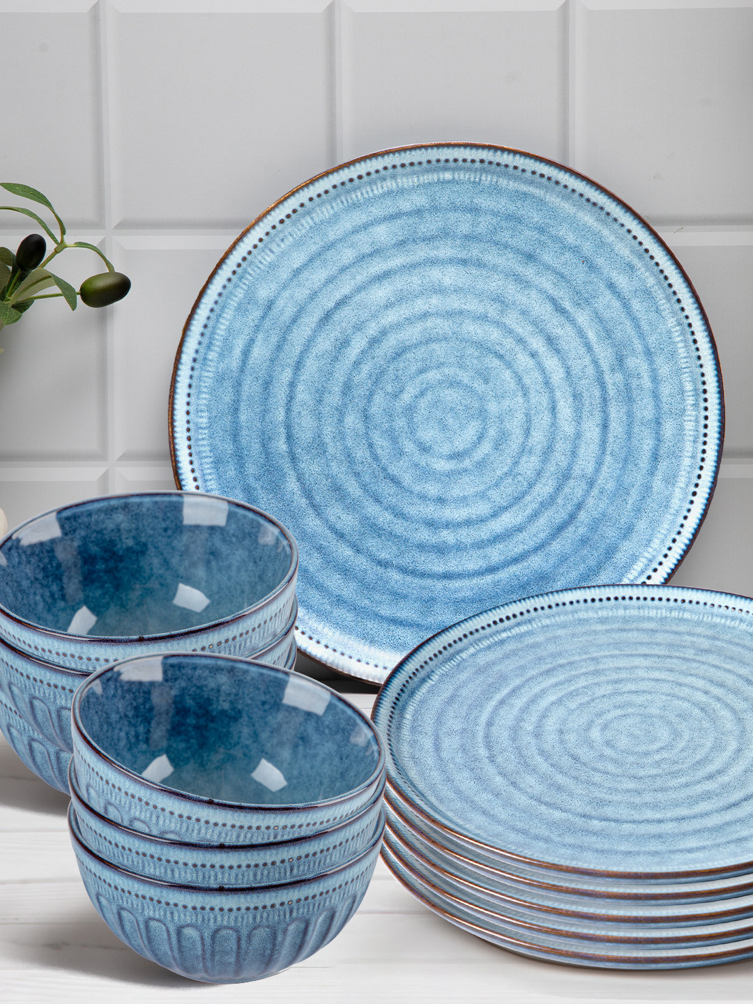 Buy Anko Blue 12 Pieces Textured Stoneware Glossy Dinner Set - Dinner ...