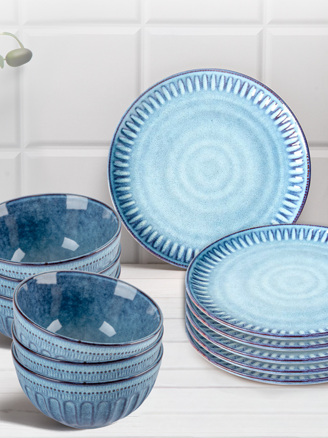 Buy Anko Blue & Black 12 Pieces Textured Stoneware Glossy Dinner Set ...