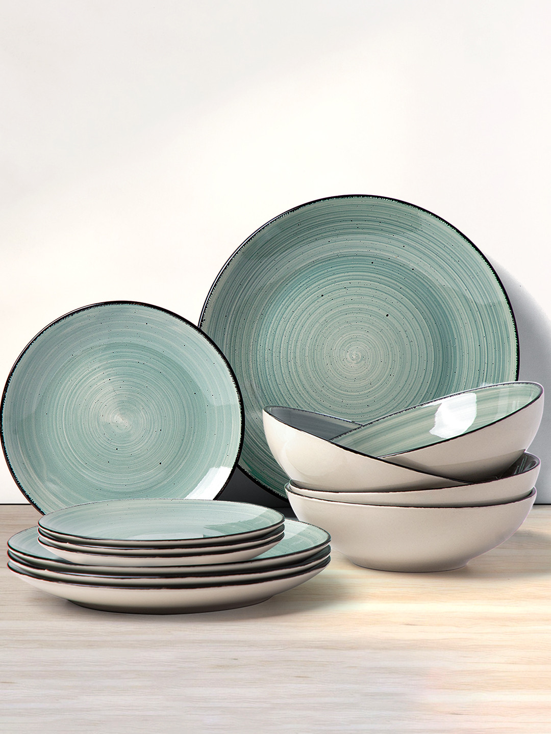 Buy Anko Green & White 12 Pieces Printed Stoneware Matte Dinner Set ...