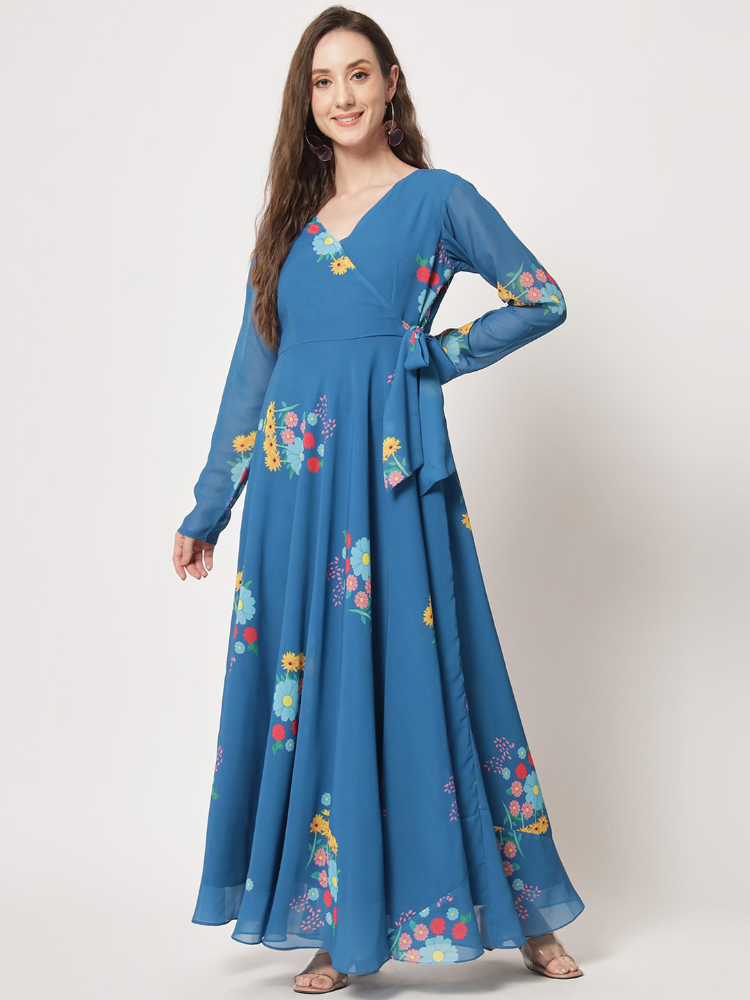 Buy BLACK SCISSOR Floral Printed Tie Up Detailed Maxi Georgette Fit ...