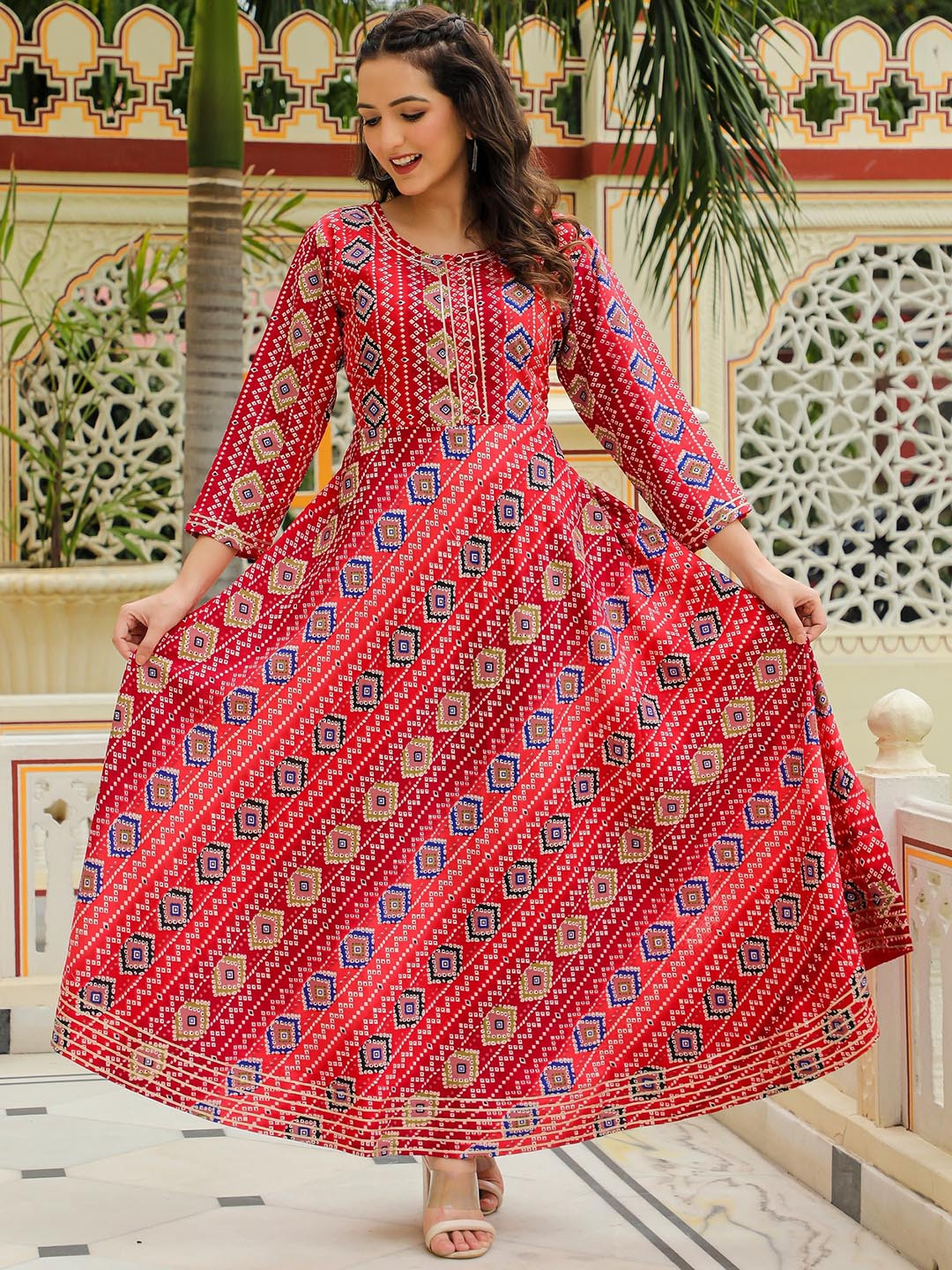 Buy MissKurti Bandhani Printed Gotta Patti A Line Maxi Ethnic Dress ...