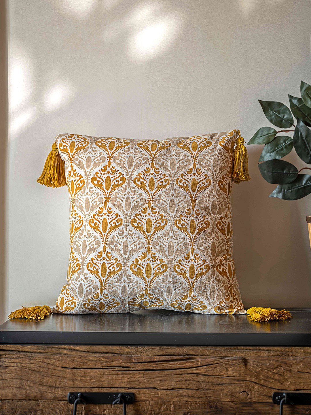 Buy Curious Lifestyle Yellow And White Embroidered Cotton Square Cushion