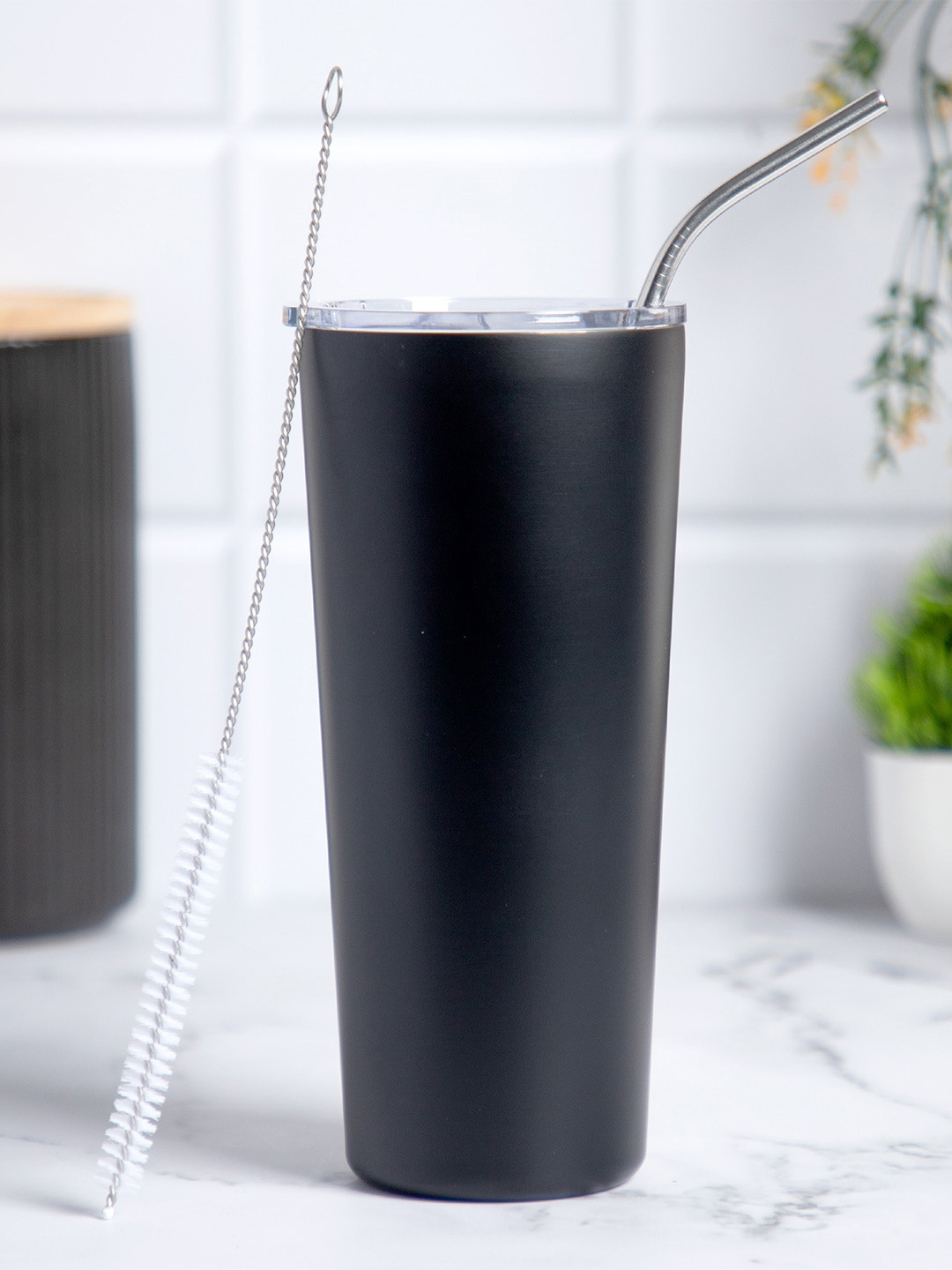 Buy Anko 3 Pcs Black Solid Stainless Steel Glossy Tumbler With Straw ...