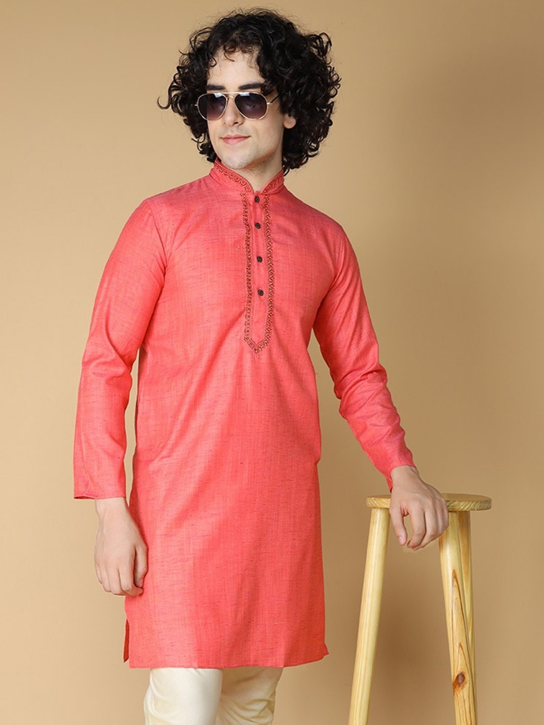 Buy Sultan The King Of Kurta Mandarin Collar Thread Work Cotton ...