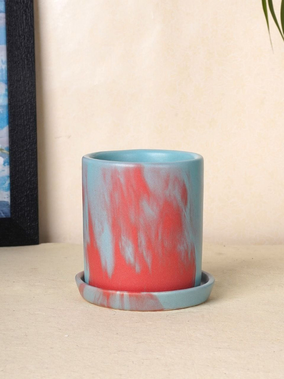 Buy Ecofynd Blue & Red Ceramic Printed Planter With Saucer Set ...