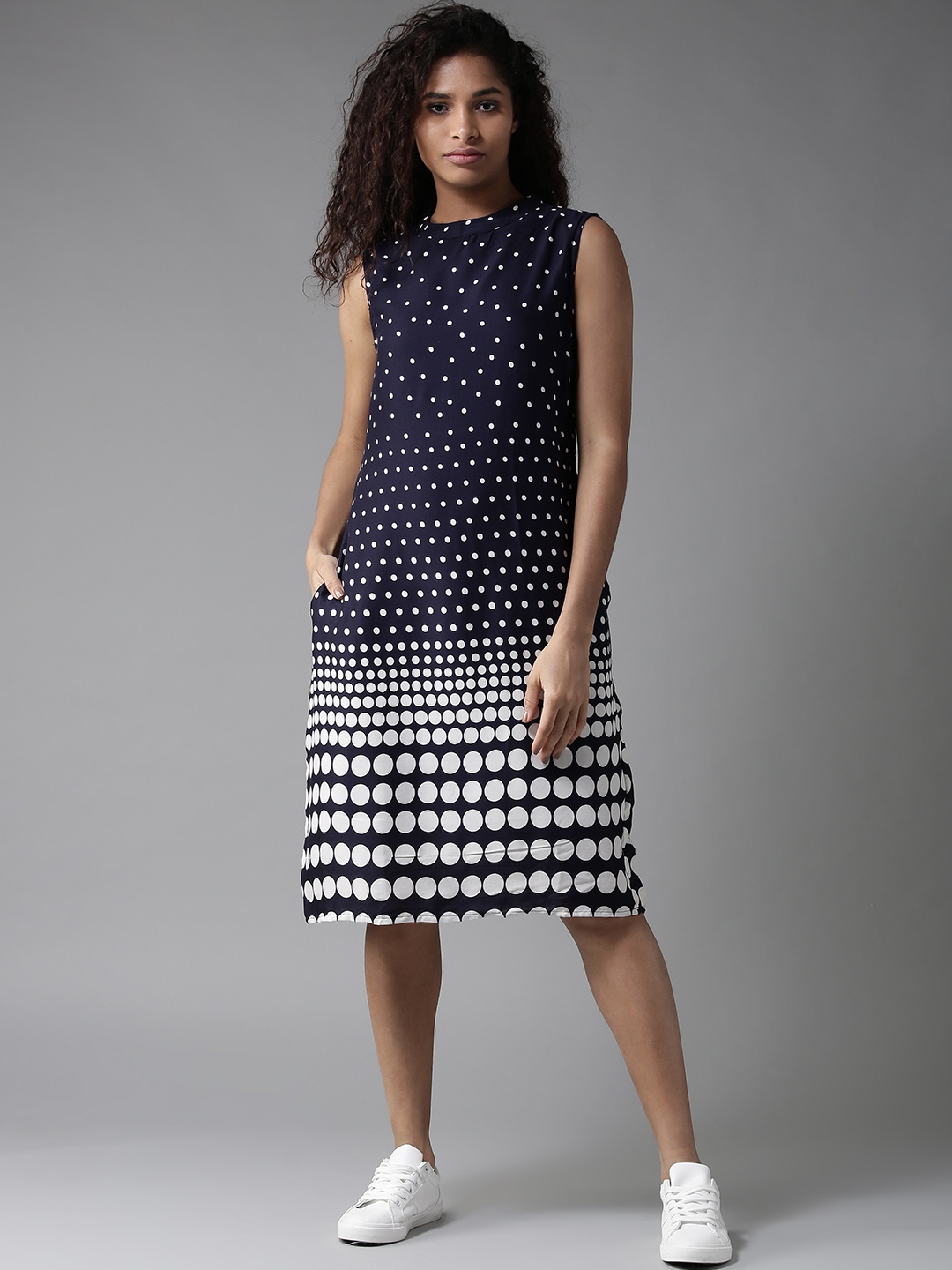 Buy Hereandnow Women Navy And White Printed A Line Dress Dresses For
