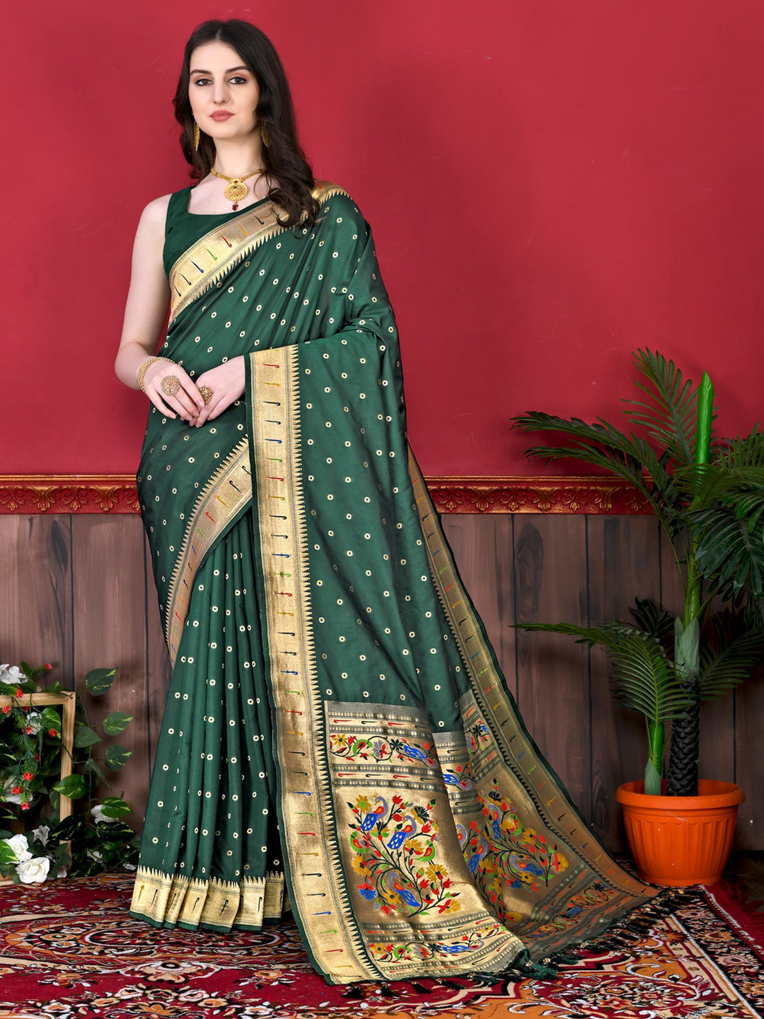 Buy MOKSHA DESIGNS Ethnic Motifs Woven Design Zari Pure Silk Paithani ...