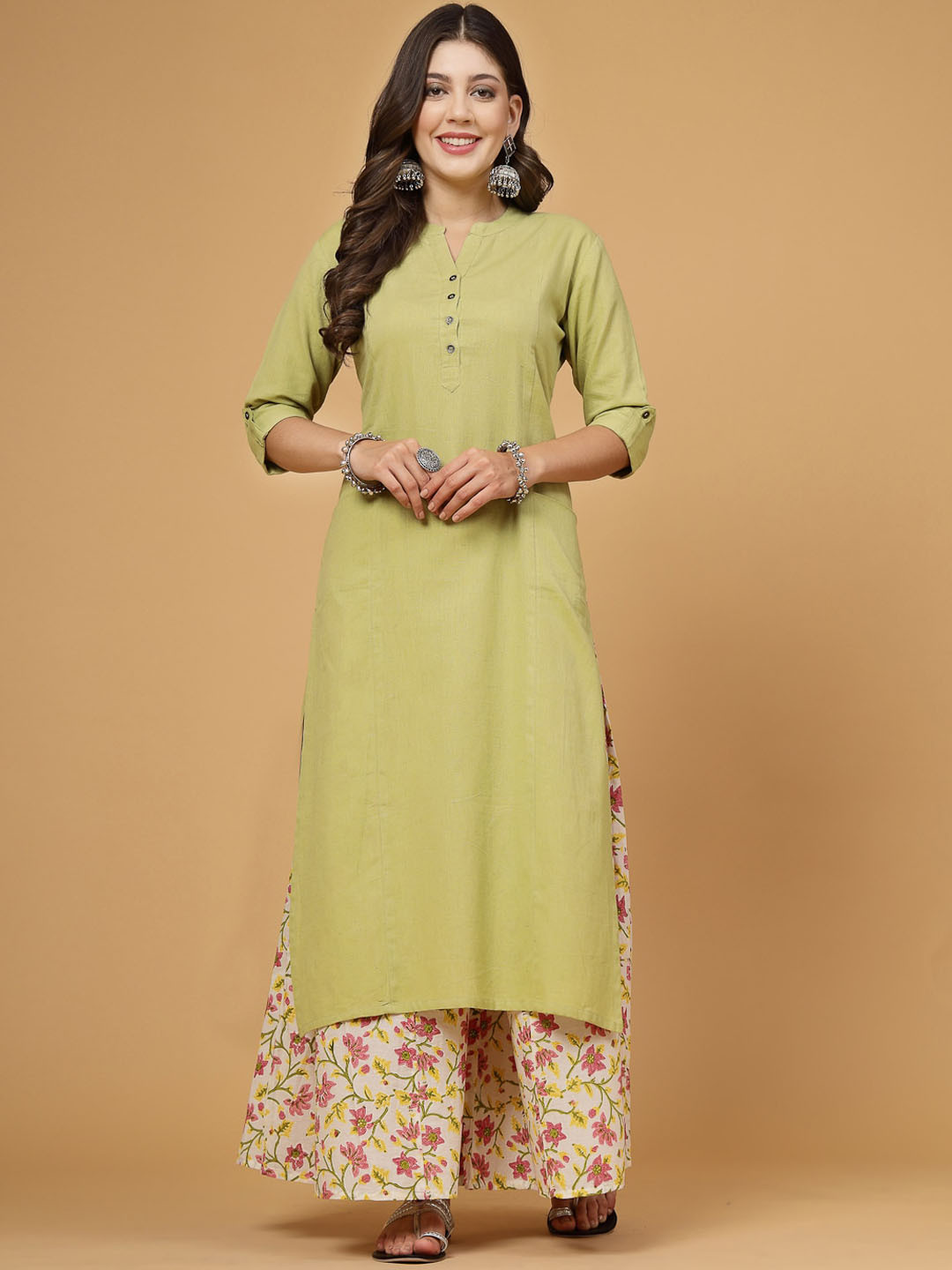 Buy Pistaa Women Lime Green Regular Kurta With Palazzos - Kurta Sets ...
