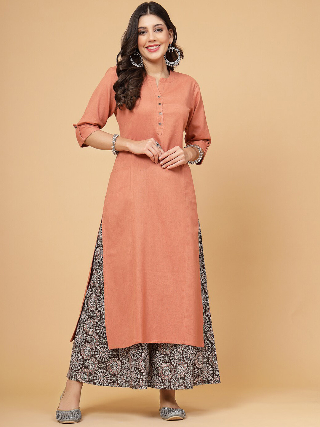 Buy Pistaa Women Rust Ethnic Motifs Regular Kurta With Palazzos - Kurta ...