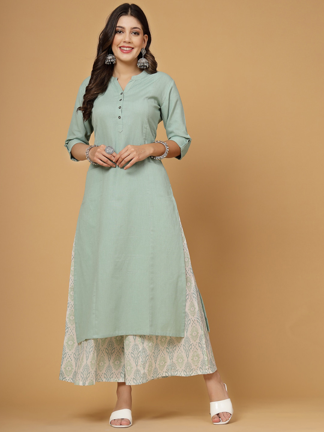 Buy Pistaa Mandarin Collar Kurta With Palazzos - Kurta Sets for Women ...