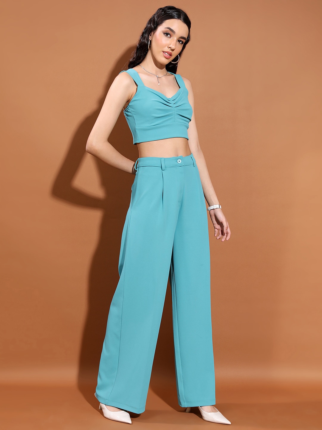 Buy Ketch Ruched Shoulder Straps Crop Top With Wide Leg Pants Co Ords