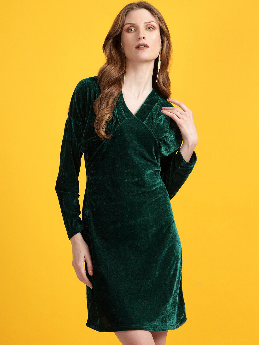 Buy Golden Kite V Neck Pleated Velvet Sheath Dress - Dresses for Women ...