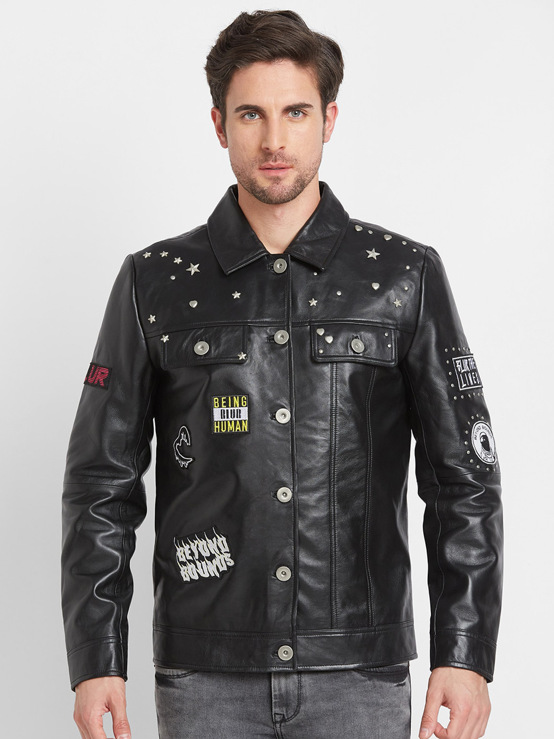 Buy Being Human Graphic Printed Studded Leather Jacket - Jackets for ...
