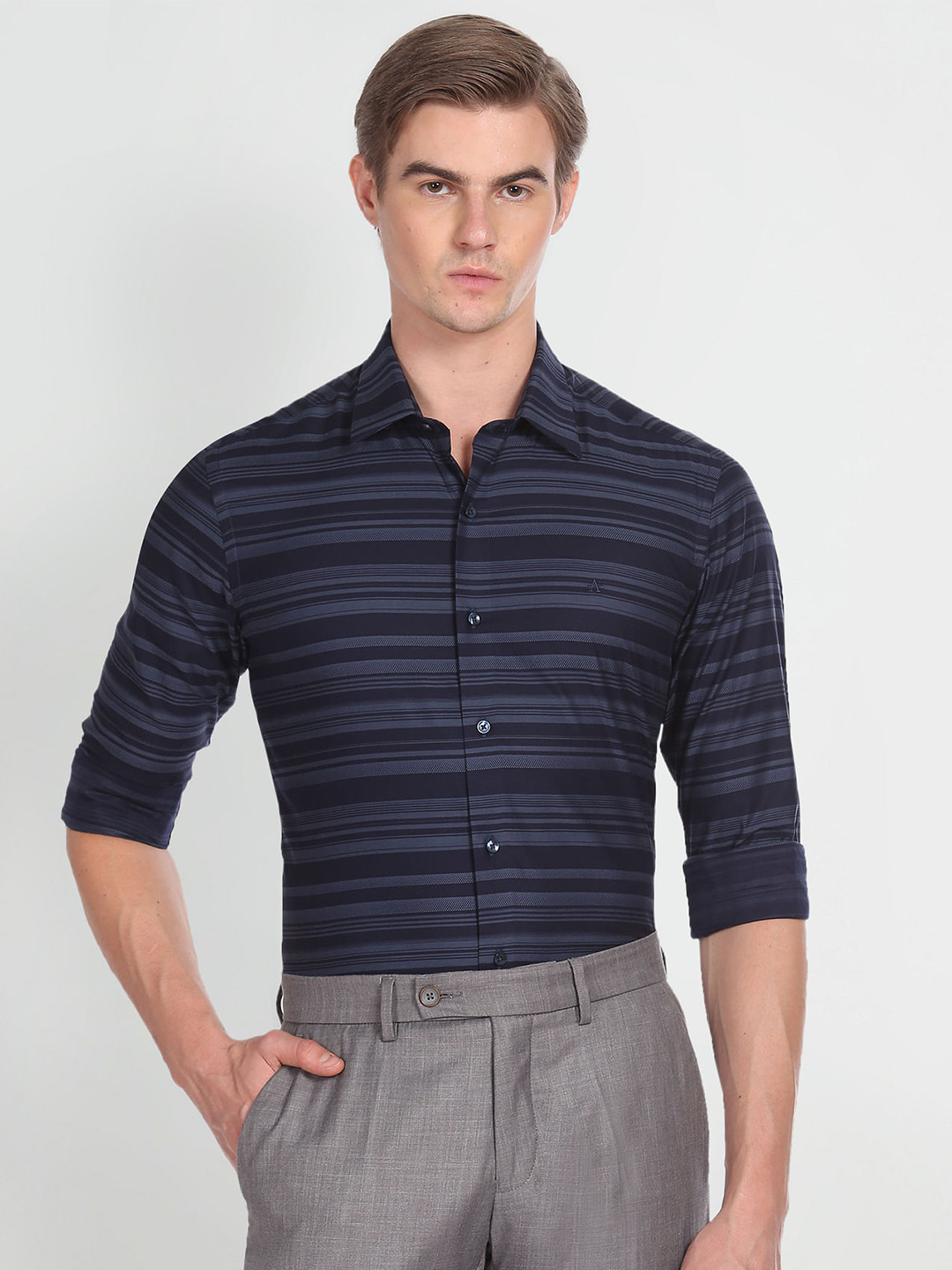 Buy Arrow New York Slim Fit Horizontal Striped Twill Formal Pure Cotton ...