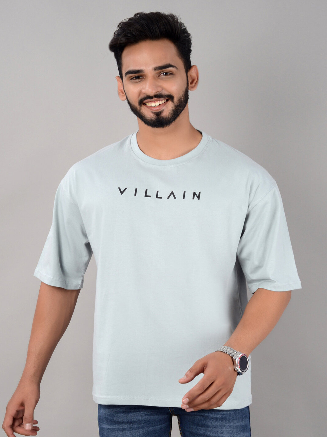 Buy VILLAIN Typography Printed Bio Finish Cotton Oversized T Shirt ...