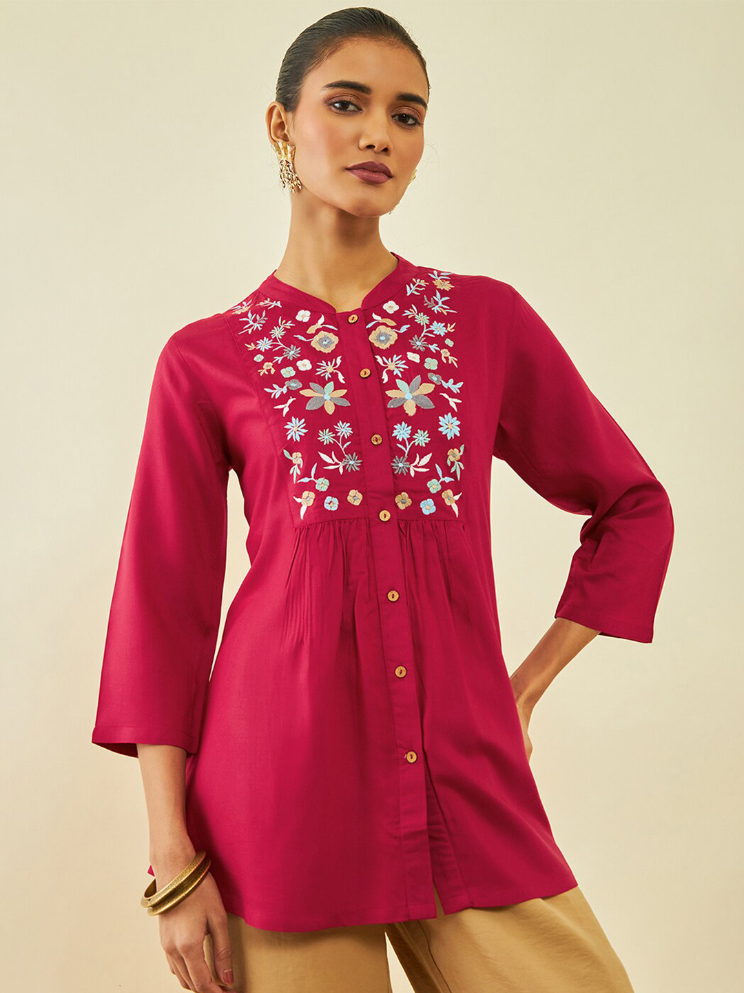 Buy Soch Red & White Floral Embroidered Mandarin Collar A Line Tunic ...