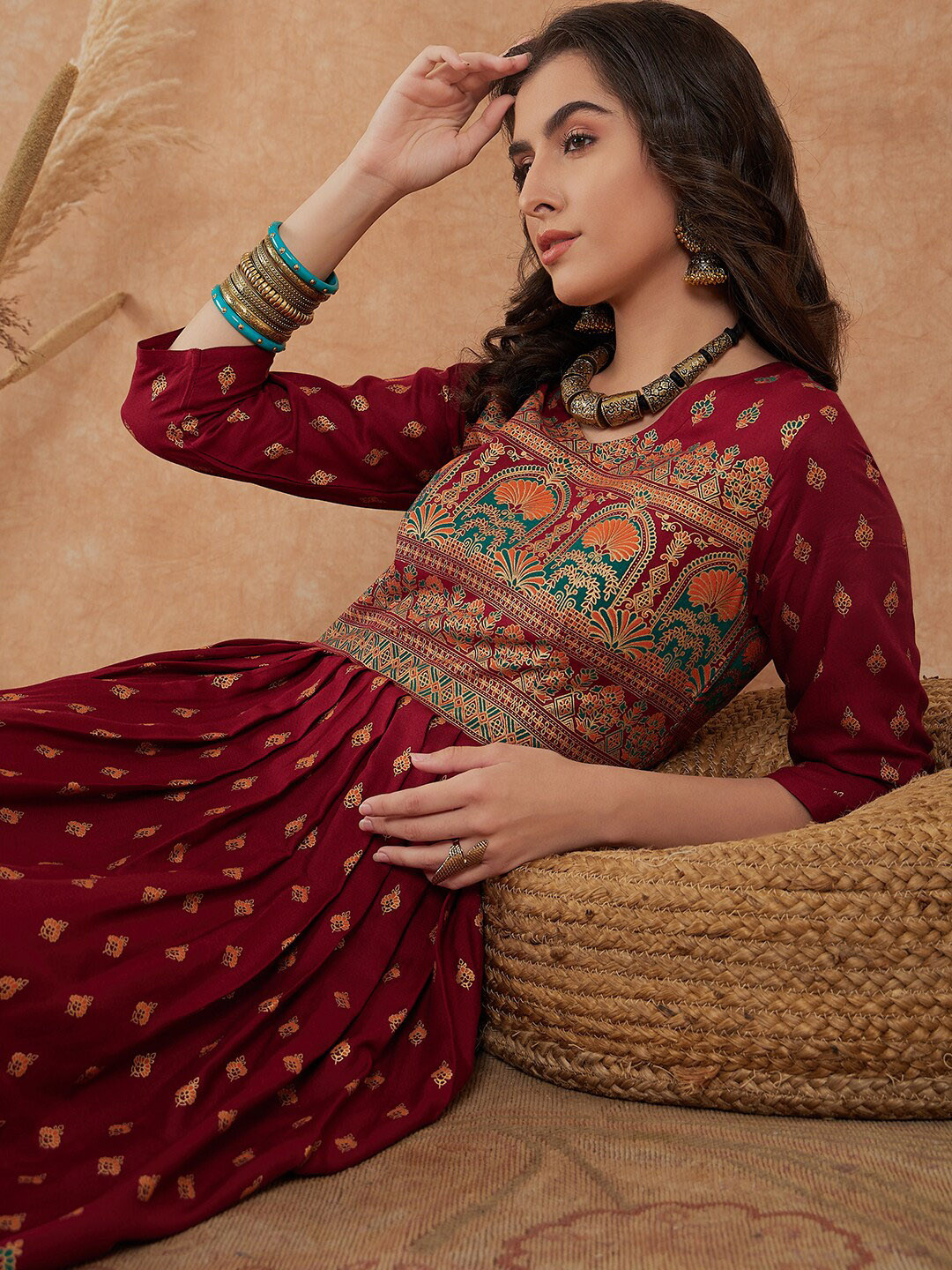 Buy Sangria Maroon Ethnic Motifs Printed V Neck Gathered Maxi Ethnic ...