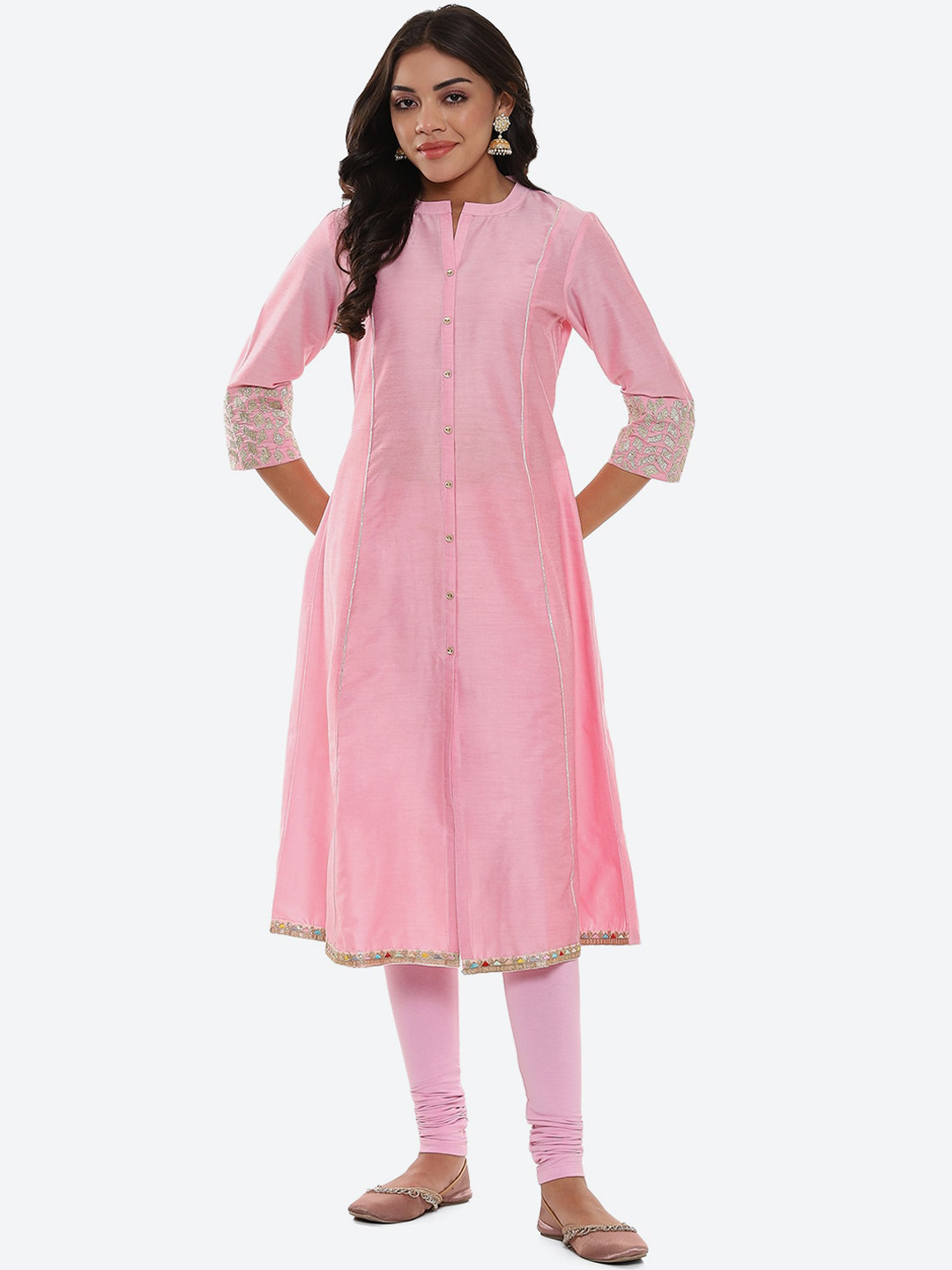 Buy 2Bme Geometric Embroidered Mandarin Collar Mirror Work A Line Kurta ...