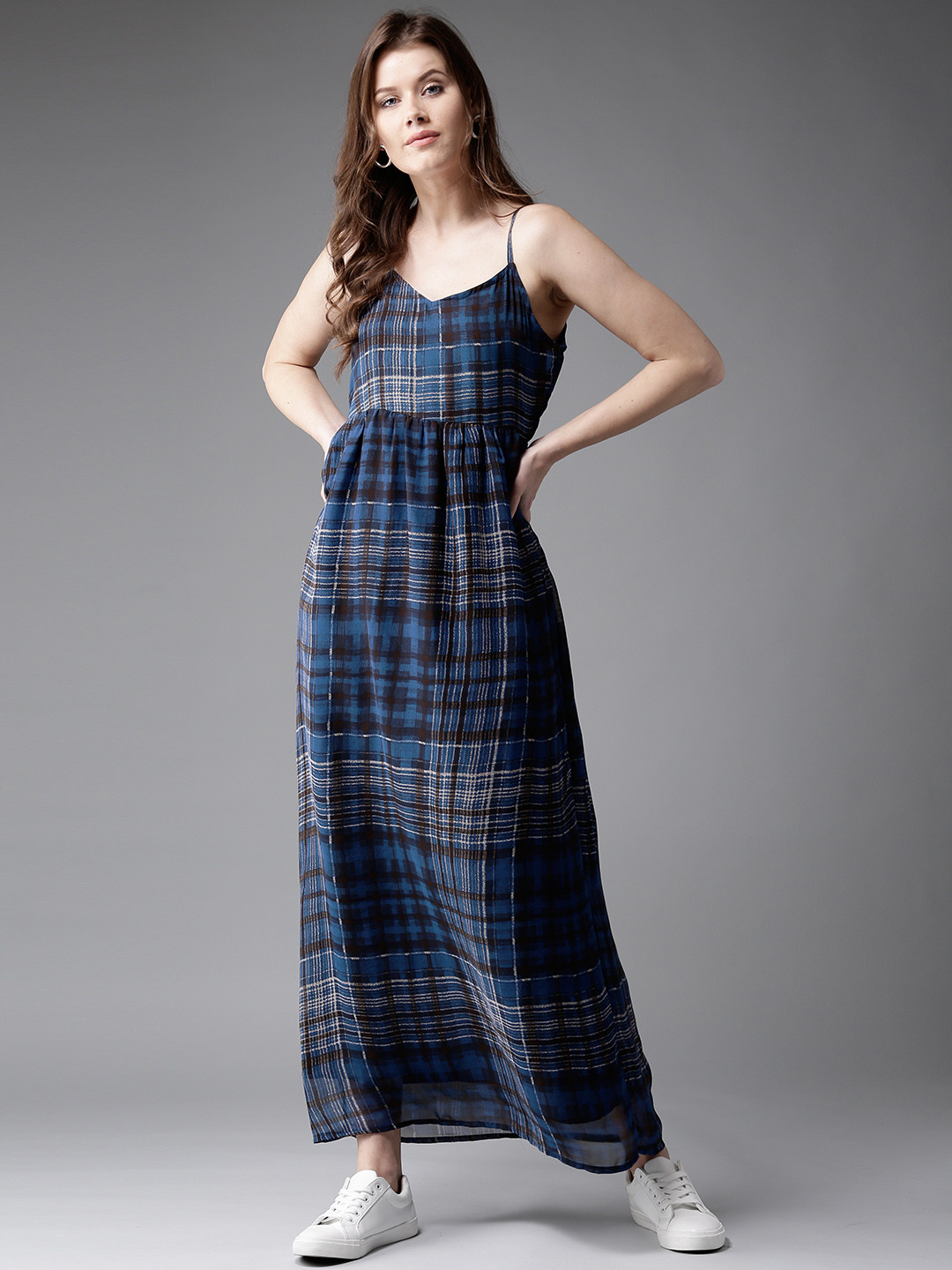Buy HERE&NOW Women Blue Checked Maxi Dress - Dresses for Women 2499819 ...