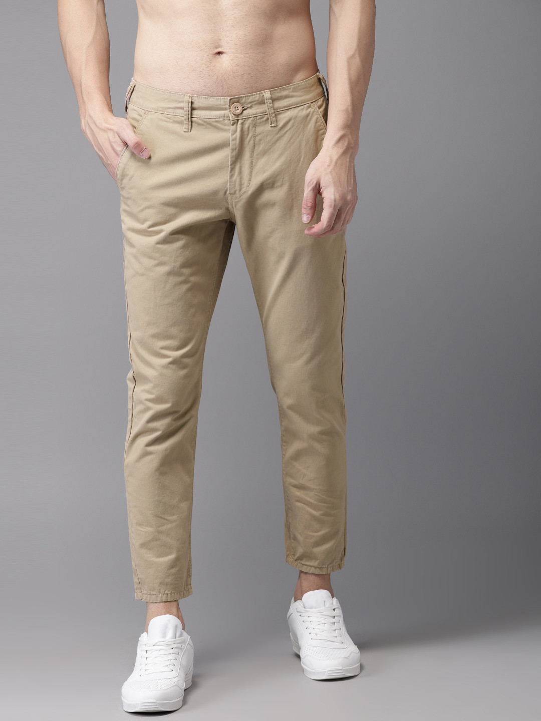 Buy HERE&NOW Men Beige Slim Fit Solid Cropped Chinos - Trousers for Men ...