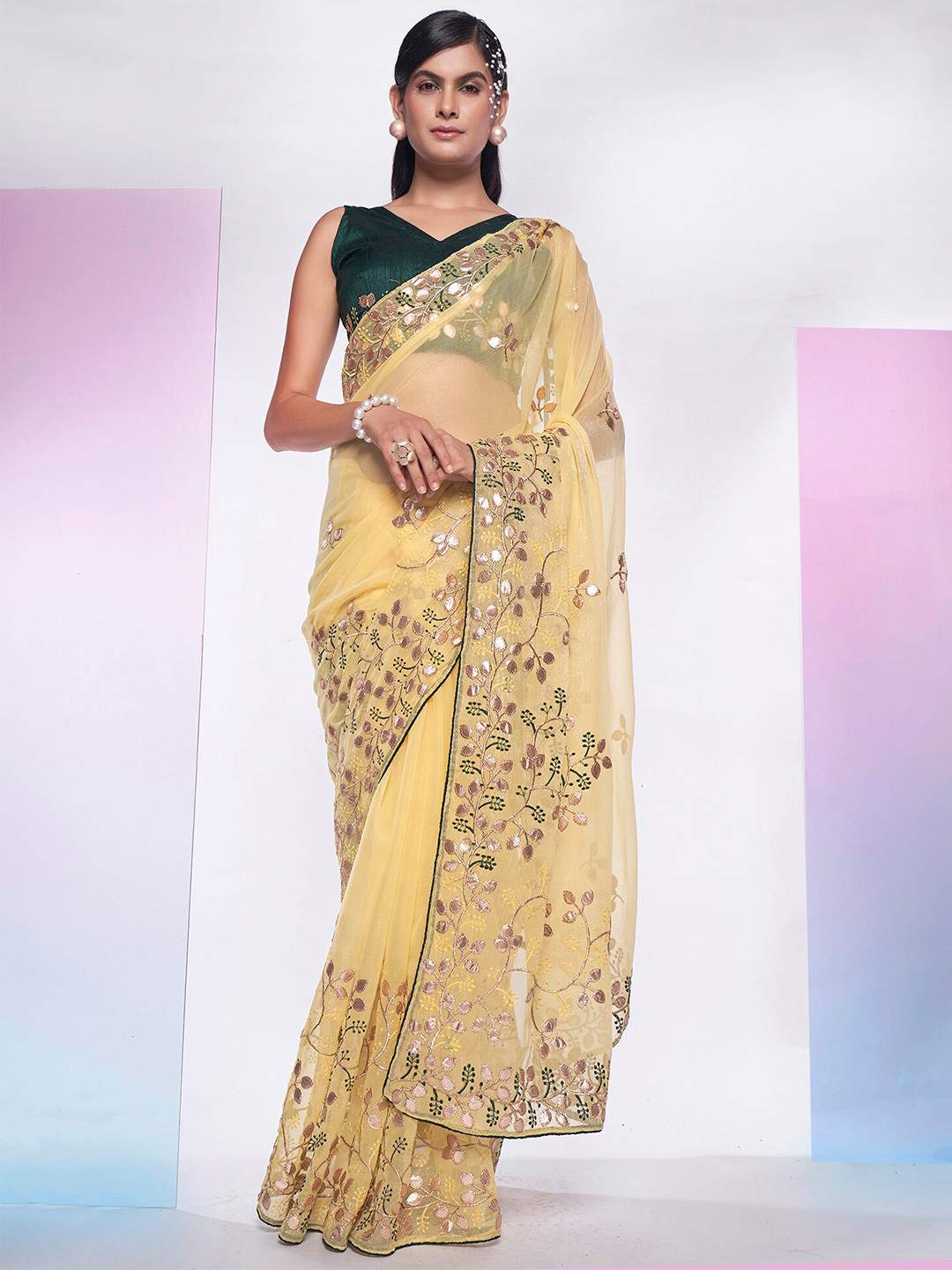 Buy Mitera Floral Embroidered Gotta Work Semi Sheer Pure Georgette ...