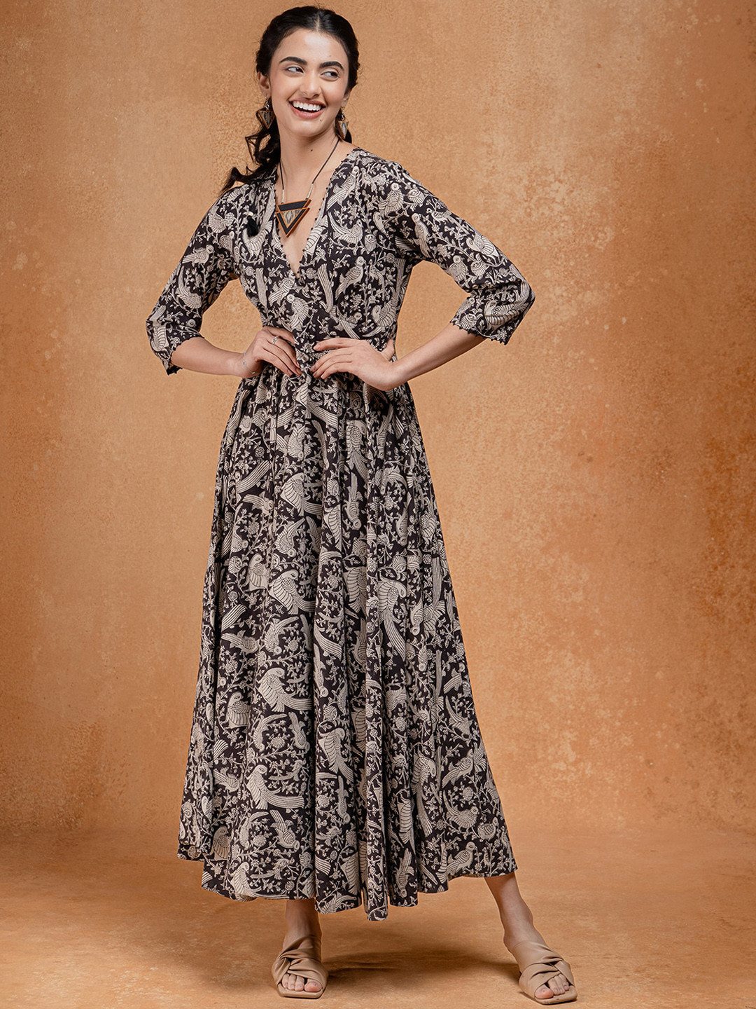 Buy OKHAI Ethic Motifs Printed Pure Cotton Fit & Flare Ethnic Dress ...