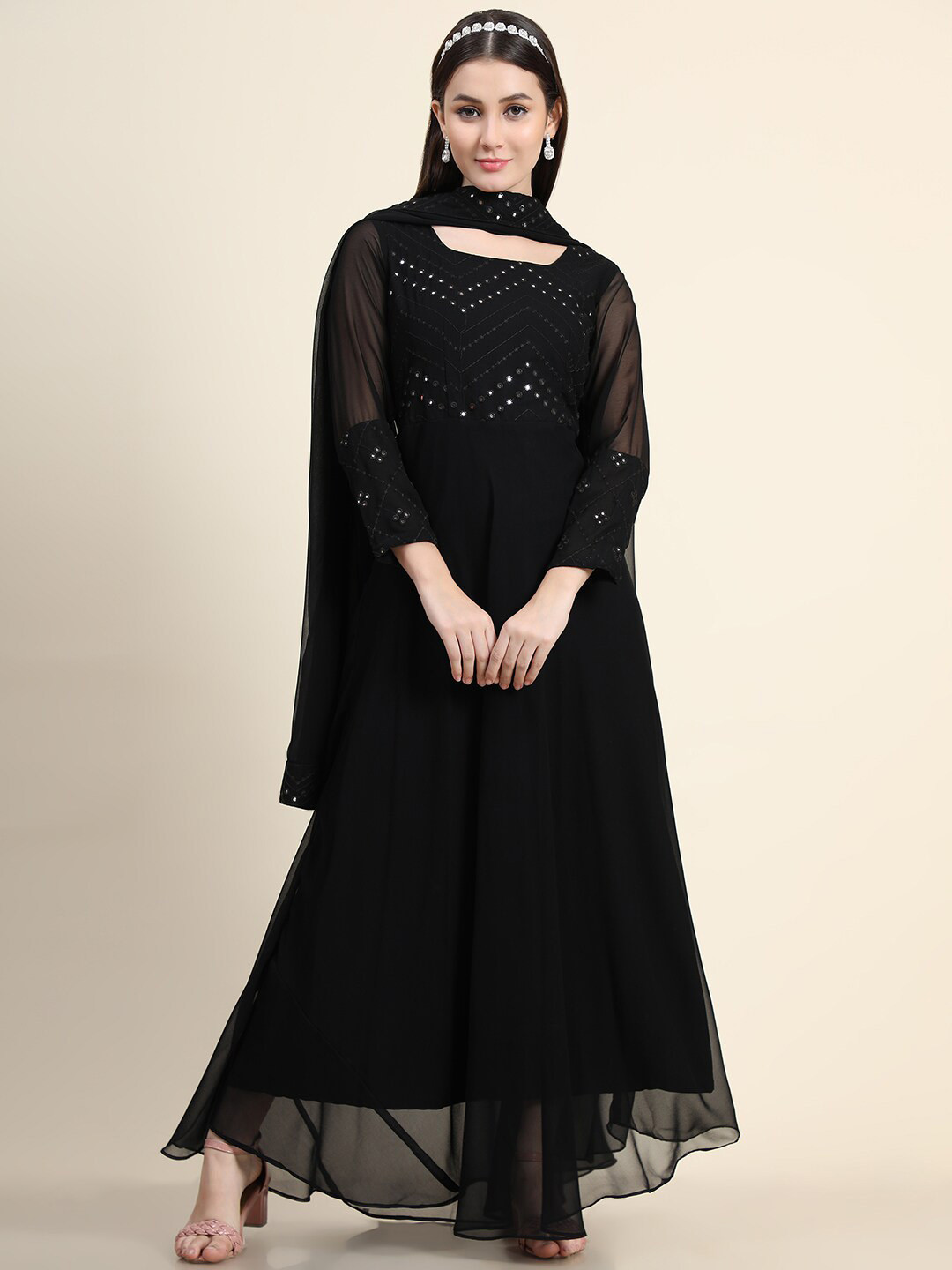 Buy BLACK SCISSOR Embellished Layered Georgette Ethnic Maxi Dress ...