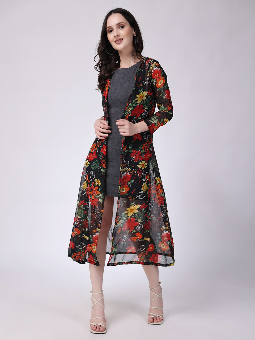 Buy SCORPIUS Floral Printed Open Front Longline Shrug - Shrug for Women ...