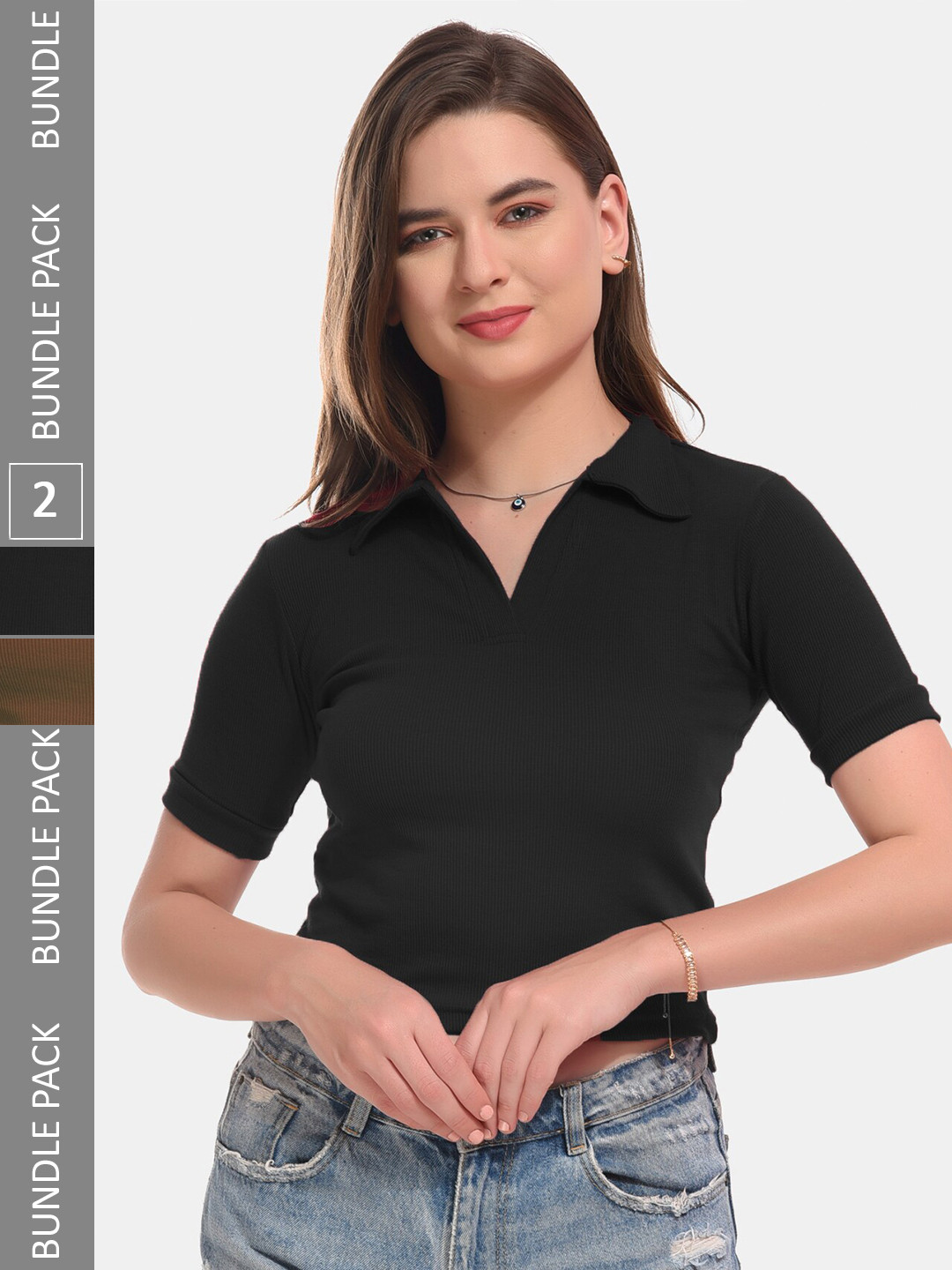 Buy Boleem Pack Of 2 Ribbed Spread Collar Cotton Top - Tops for Women ...
